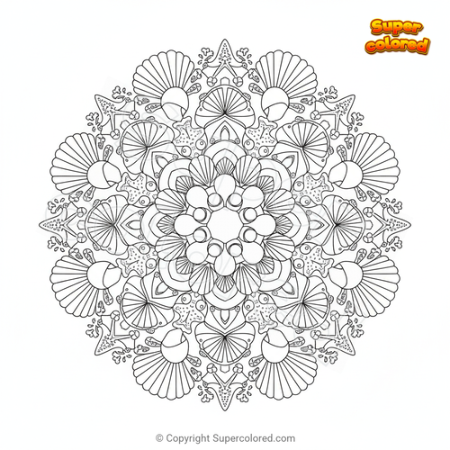 Disegno da colorare Mandala marino con conchiglie